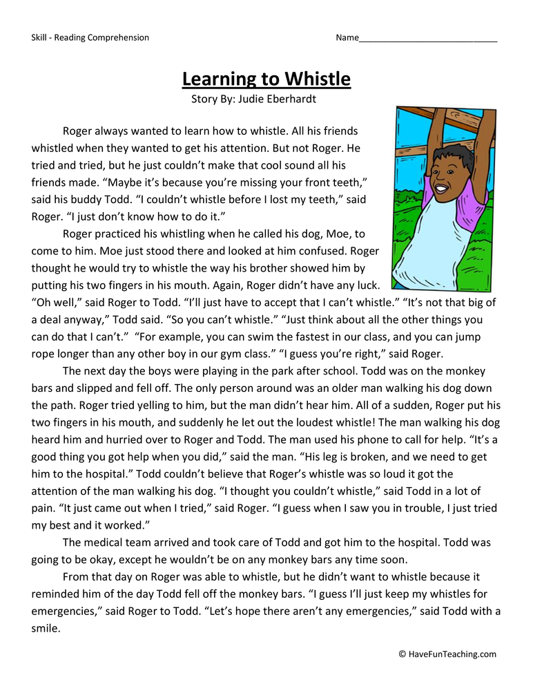 Learning to Whistle Reading Comprehension Worksheet - Have Fun Teaching