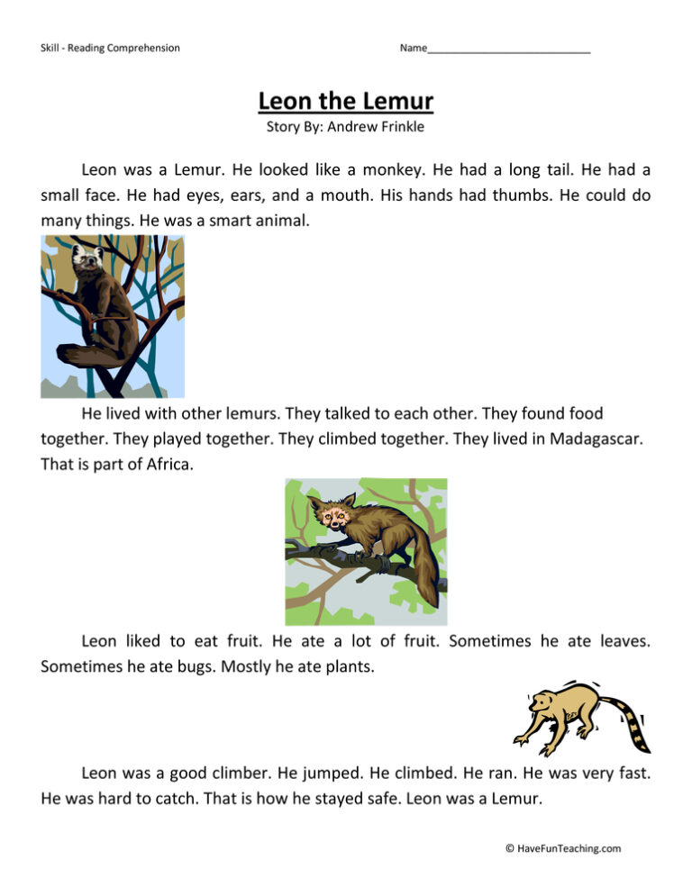 Leon the Lemur Reading Comprehension Worksheet - Have Fun Teaching