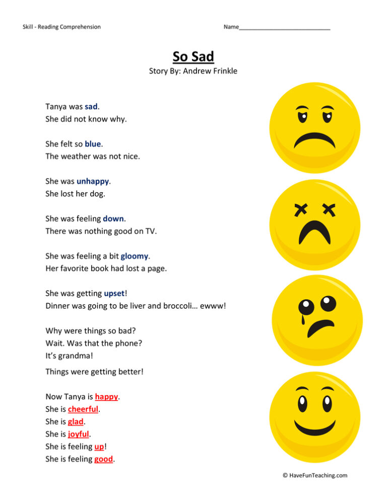So Sad Reading Comprehension Worksheet - Have Fun Teaching