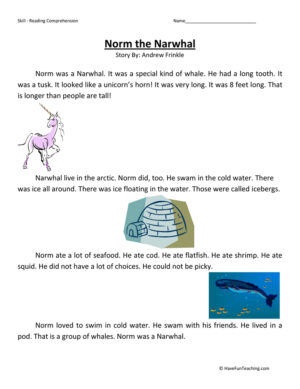 Norm The Narwhal Reading Comprehension Worksheet - Have Fun Teaching