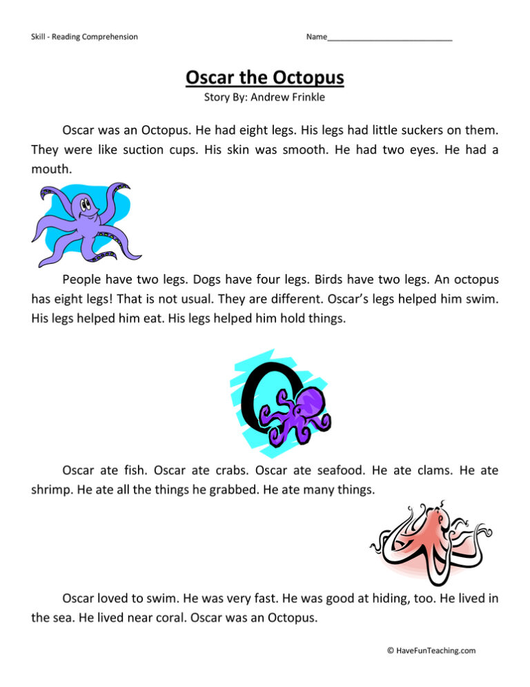 Oscar the Octopus Reading Comprehension Worksheet - Have Fun Teaching