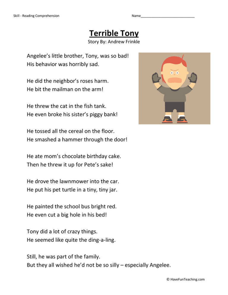 Terrible Tony Reading Comprehension Worksheet - Have Fun Teaching