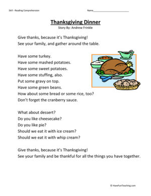 Thanksgiving Dinner Reading Comprehension Worksheet - Have Fun Teaching