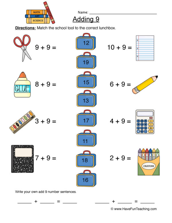 Adding Nine Matching Worksheet - Have Fun Teaching