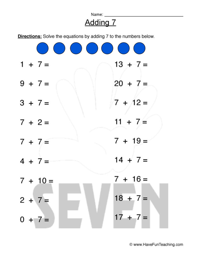 Adding Seven Equations Worksheet - Have Fun Teaching