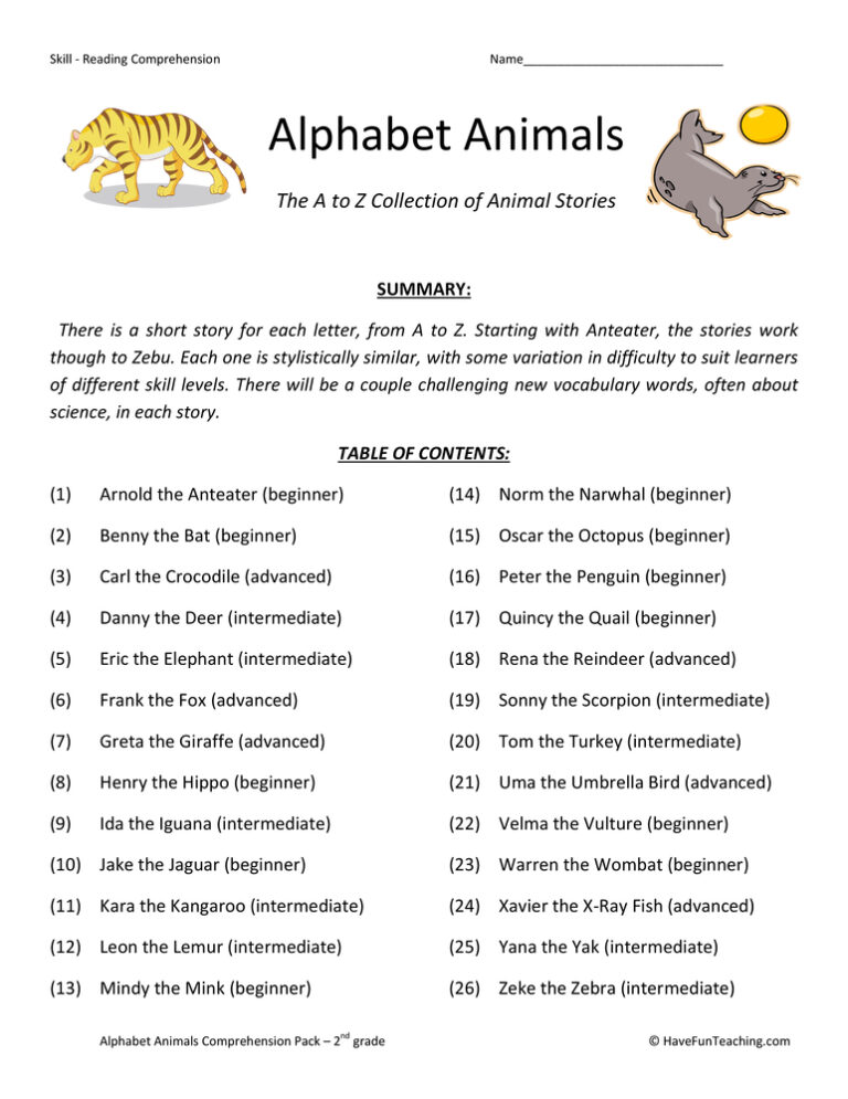 Alphabet Animals Reading Comprehension Test Collection - Have Fun Teaching