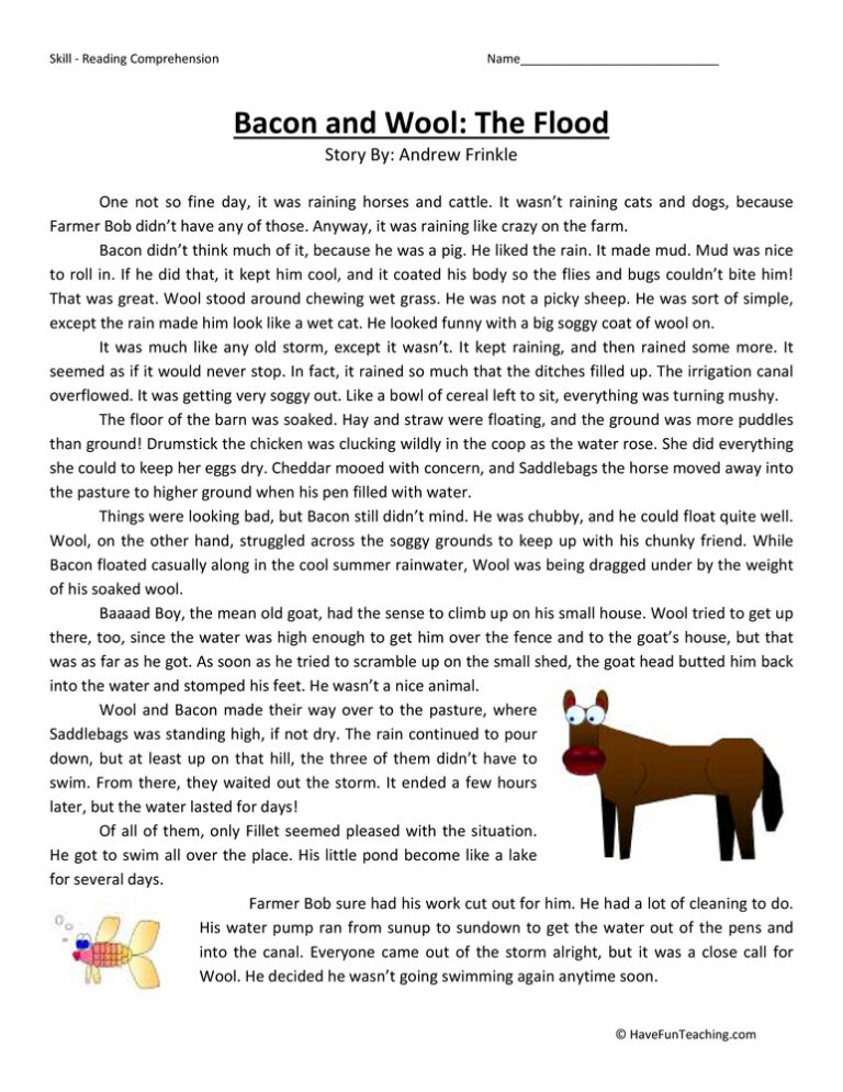 Bacon and Wool: The Flood - Reading Comprehension Worksheet - Have Fun ...
