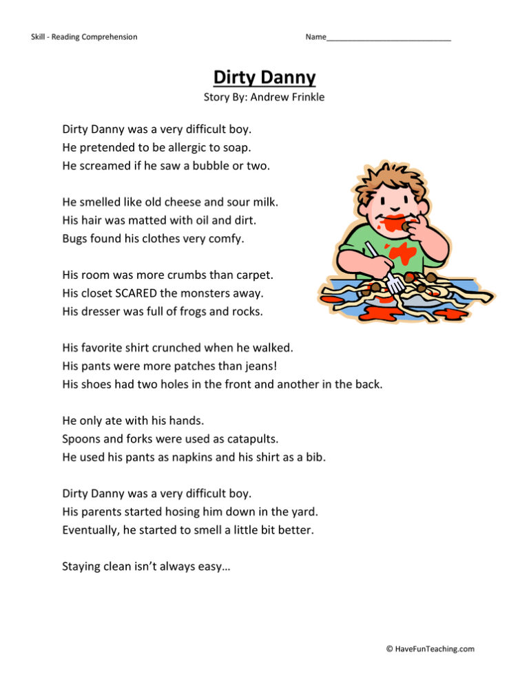 Dirty Danny - Reading Comprehension Worksheet - Have Fun Teaching