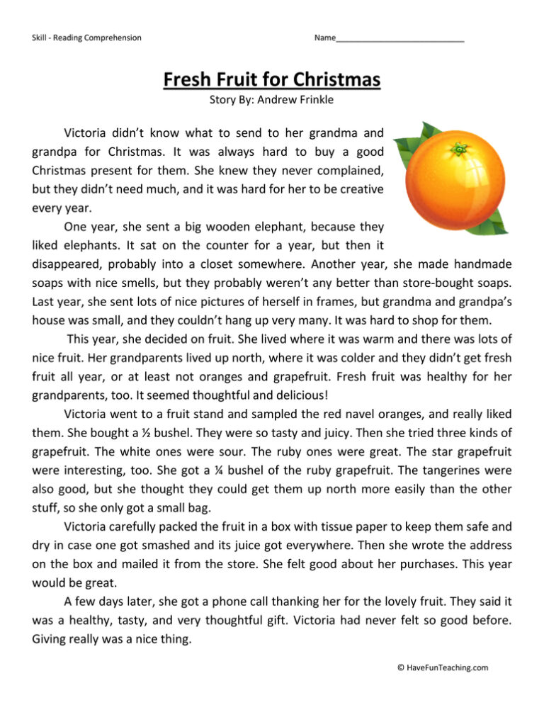 Fresh Fruit for Christmas - Reading Comprehension Worksheet - Have Fun ...