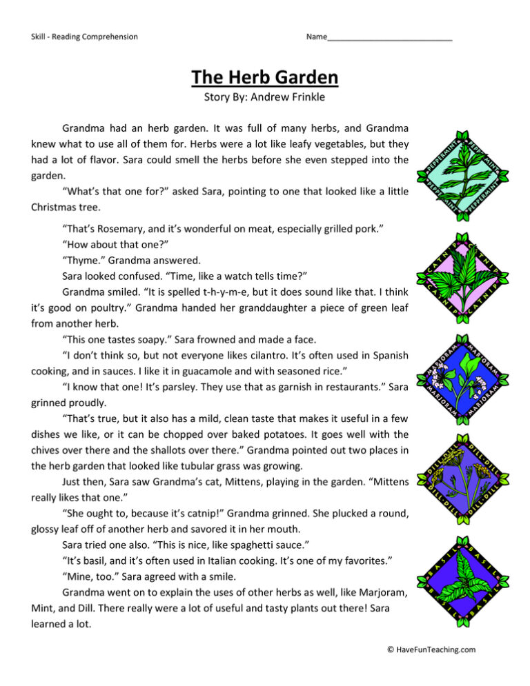 Herb Garden Reading Comprehension Worksheet - Have Fun Teaching