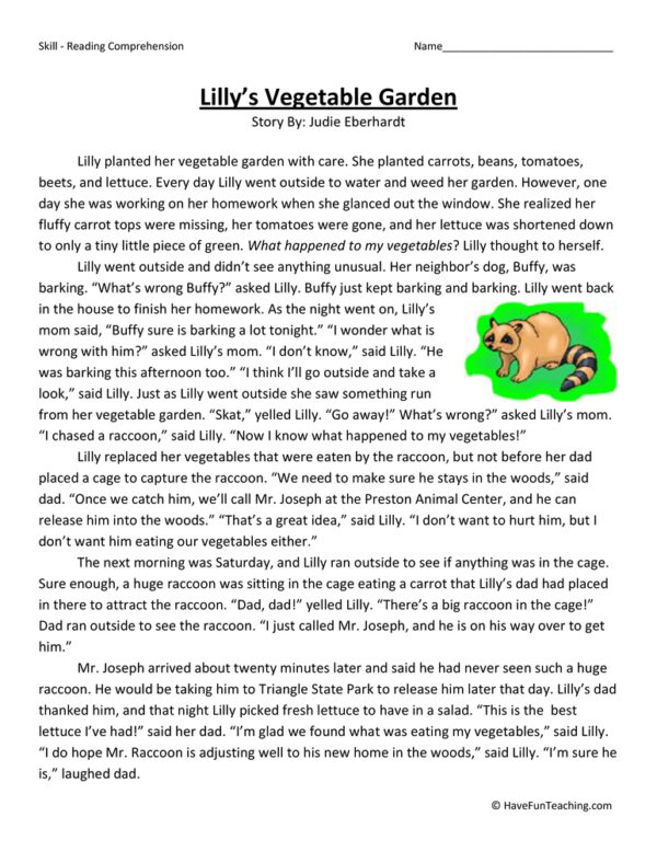 Lilly's Vegetable Garden Reading Comprehension Worksheet - Have Fun ...