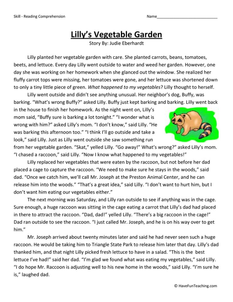 Lilly's Vegetable Garden Reading Comprehension Worksheet - Have Fun ...