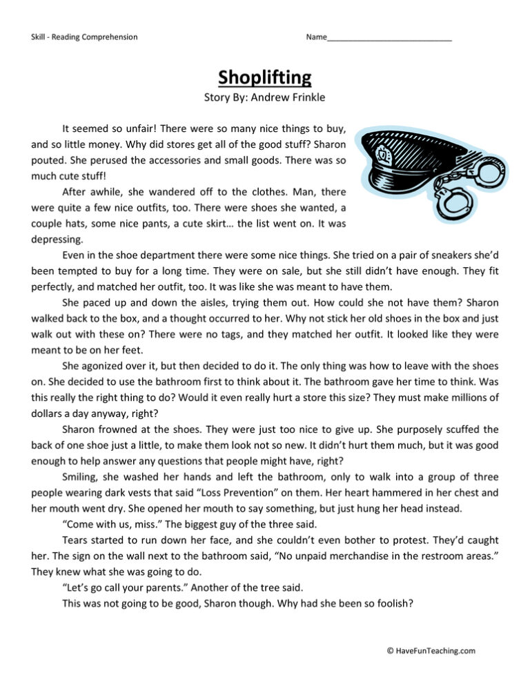 Shoplifting Reading Comprehension Worksheet - Have Fun Teaching