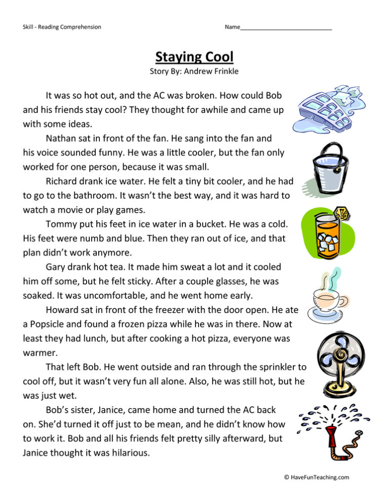 Staying Cool Reading Comprehension Worksheet - Have Fun Teaching