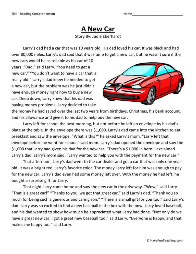 A New Car Reading Comprehension Worksheet - Have Fun Teaching