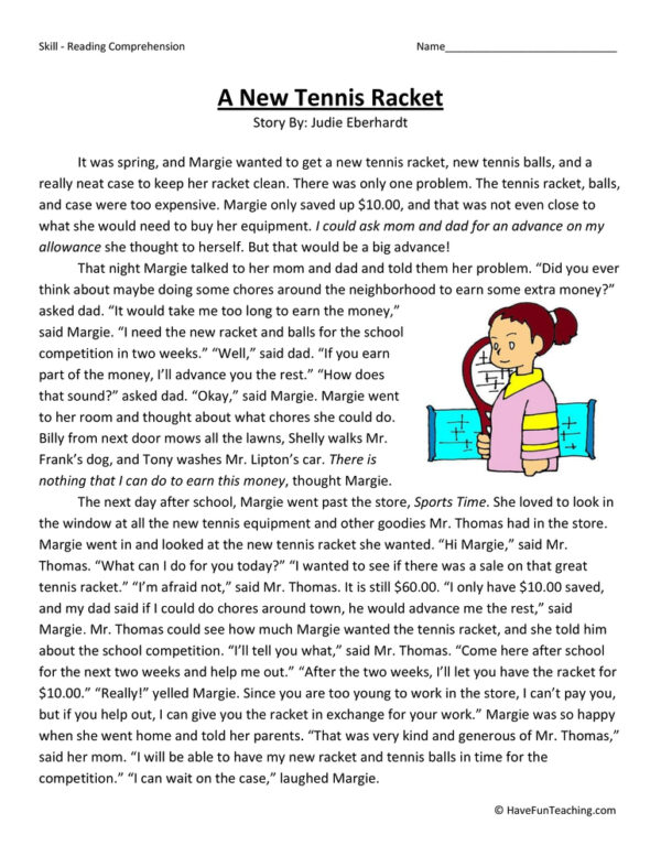 A New Tennis Racket Reading Comprehension Worksheet - Have Fun Teaching