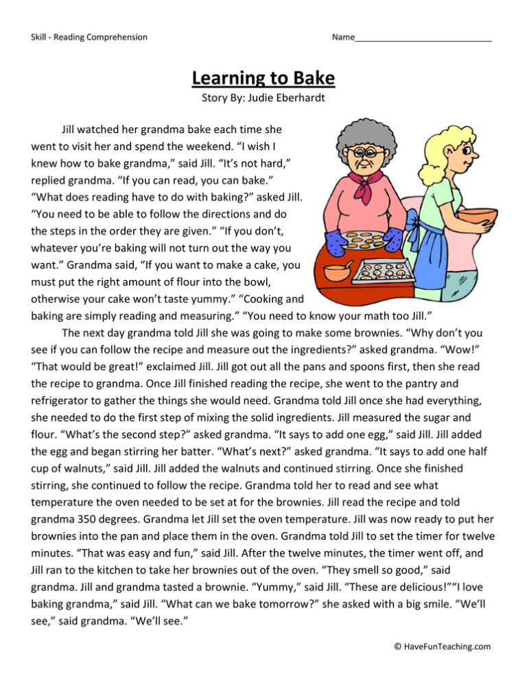 Learning to Bake Reading Comprehension Worksheet - Have Fun Teaching
