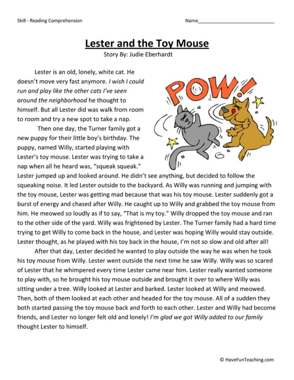 Lester and the Toy Mouse Reading Comprehension Worksheet - Have Fun ...