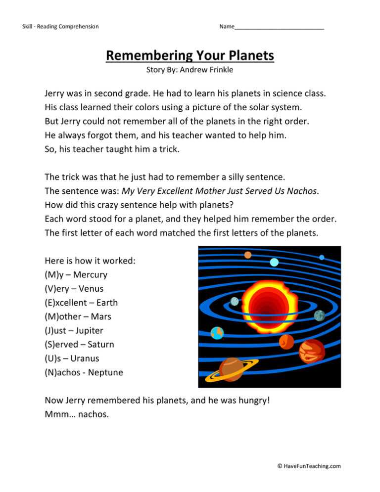 Remembering Your Planets Reading Comprehension Worksheet - Have Fun ...