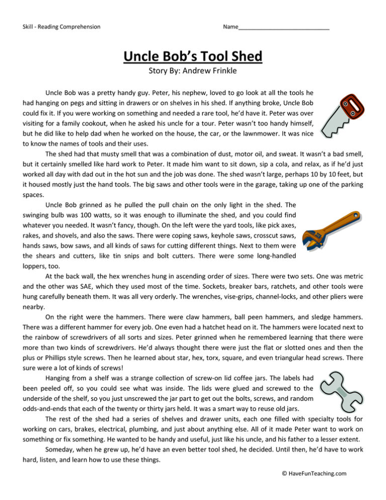 Uncle Bob's Tool Shed Reading Comprehension Worksheet - Have Fun Teaching