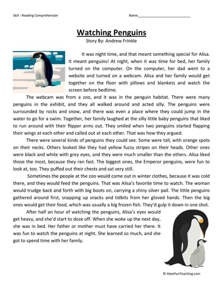 Watching Penguins Reading Comprehension Worksheet - Have Fun Teaching
