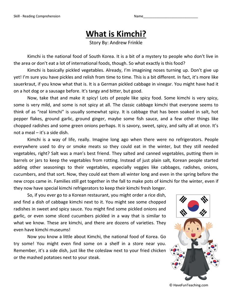 What Is Kimchi Reading Comprehension Worksheet What Is Kimchi Reading Comprehension Worksheet