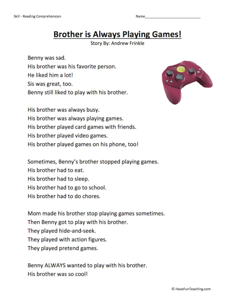 Brother Is Always Playing Games - Reading Comprehension Worksheet ...