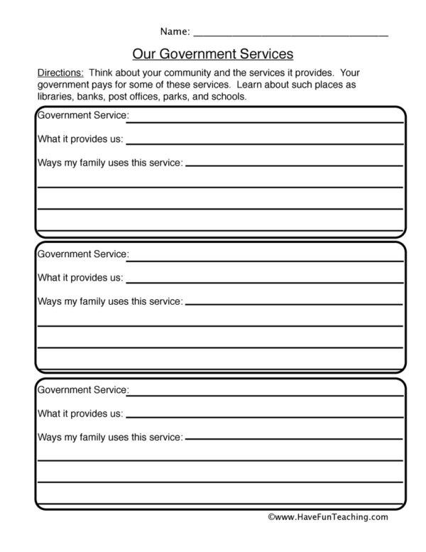 Government Services Examples Worksheet - Have Fun Teaching