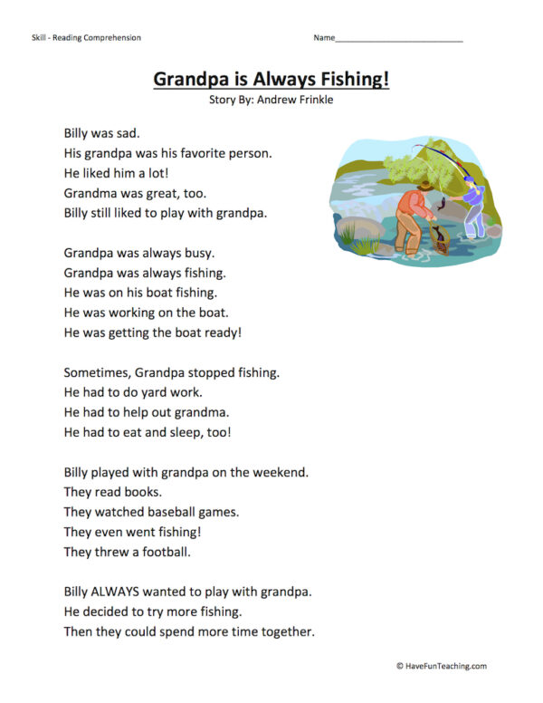 Grandpa Is Always Fishing - Reading Comprehension Worksheet - Have Fun ...