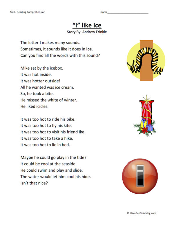 I Like Ice Reading Comprehension Worksheet - Have Fun Teaching