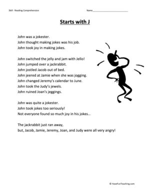 Starts With J Reading Comprehension Worksheet - Have Fun Teaching