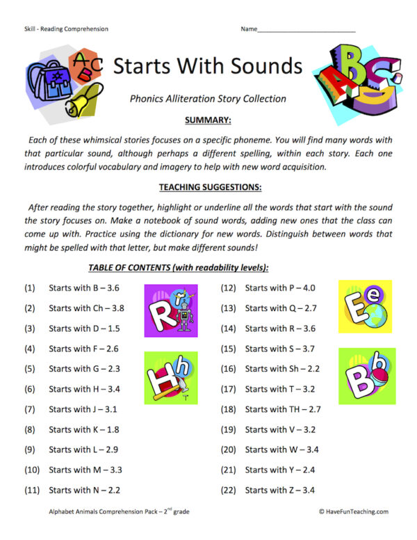Starts With Sounds Reading Comprehension Test Collection - Have Fun ...