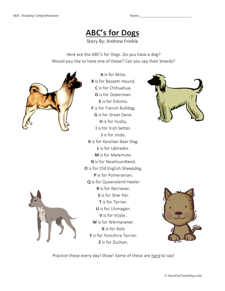 ABCs for Dogs Reading Comprehension Worksheet - Have Fun Teaching
