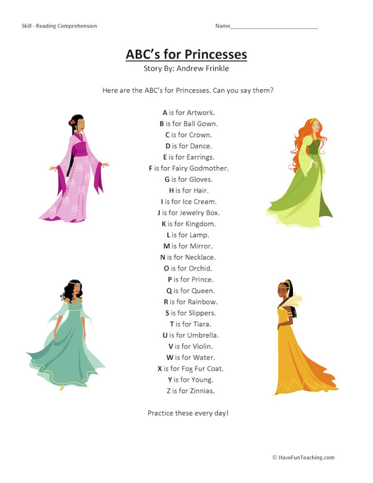 ABCs for Princesses Reading Comprehension Worksheet - Have Fun Teaching