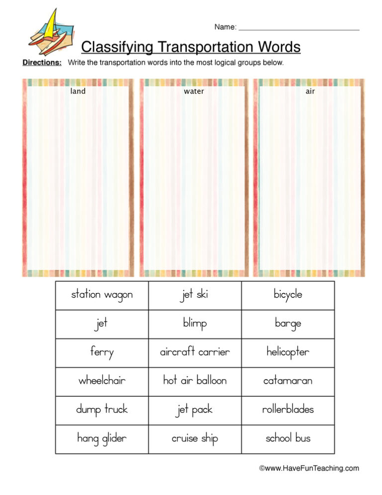 Land, Water, or Air Classifying Transportation Worksheet - Have Fun ...