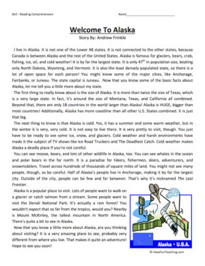 Welcome to Alaska Reading Comprehension Worksheet - Have Fun Teaching