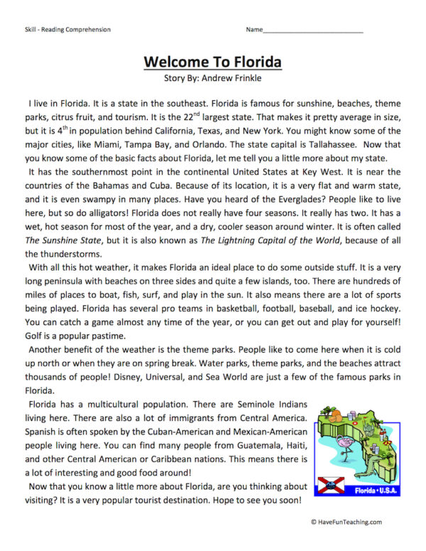Welcome to Florida Reading Comprehension Worksheet - Have Fun Teaching