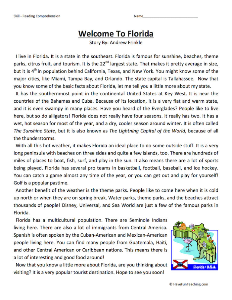 Welcome to Florida Reading Comprehension Worksheet - Have Fun Teaching