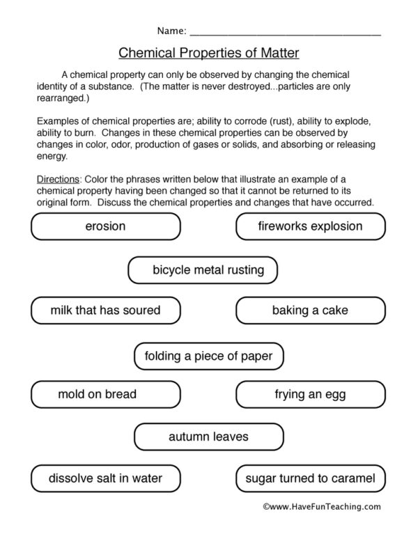 Chemical Properties Matter Worksheet - Have Fun Teaching