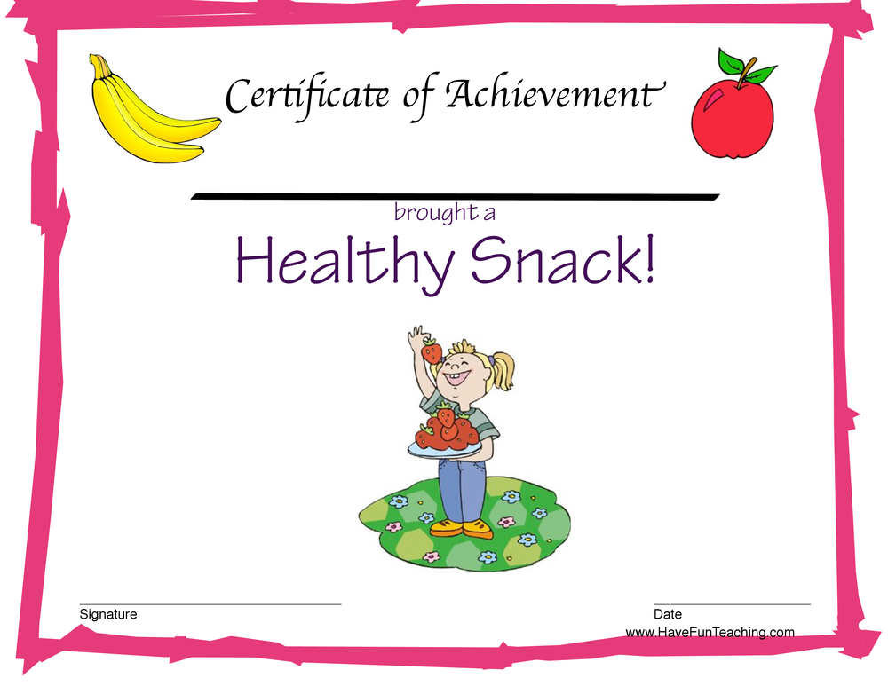 Healthy Snack Reward Certificate for Girls - Have Fun Teaching