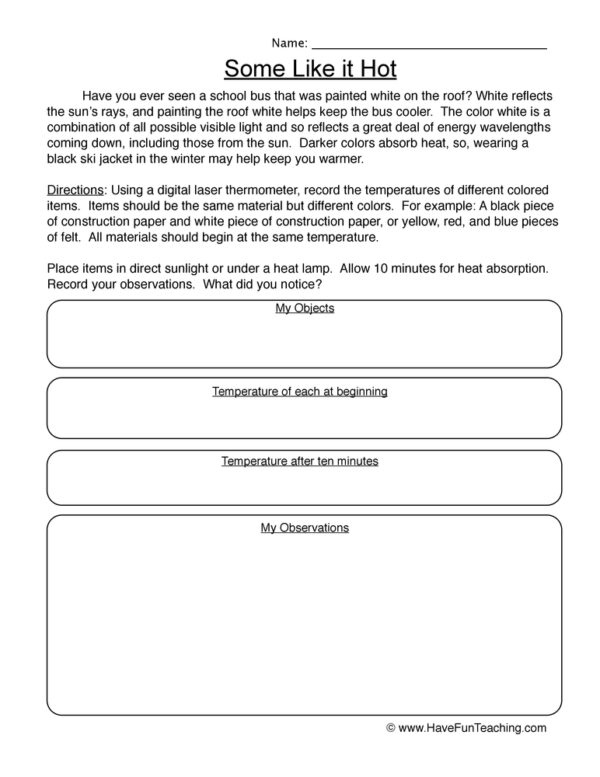 Some Like it Hot Heat Worksheet - Have Fun Teaching