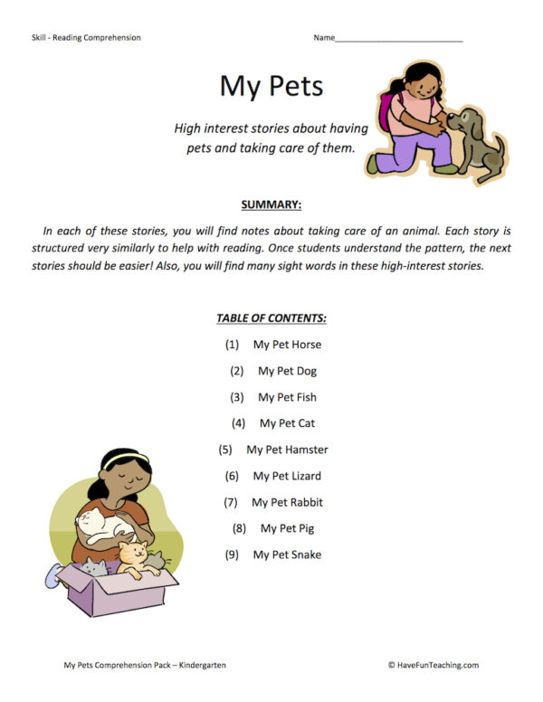 My Pets Reading Comprehension Test Collection - Have Fun Teaching