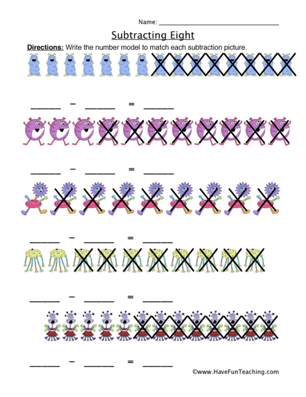 Subtracting Eight Writing Equations Worksheet - Have Fun Teaching