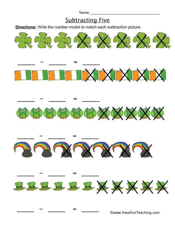 Subtracting Five Writing Equations Worksheet - Have Fun Teaching