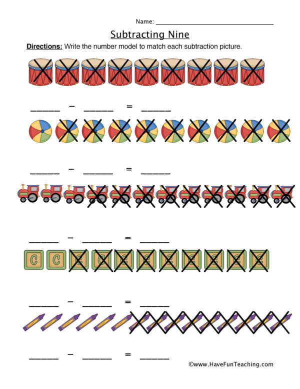Subtracting Nine Writing Equations Worksheet - Have Fun Teaching