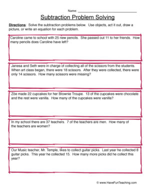 Subtraction Problem Solving Worksheet - Have Fun Teaching