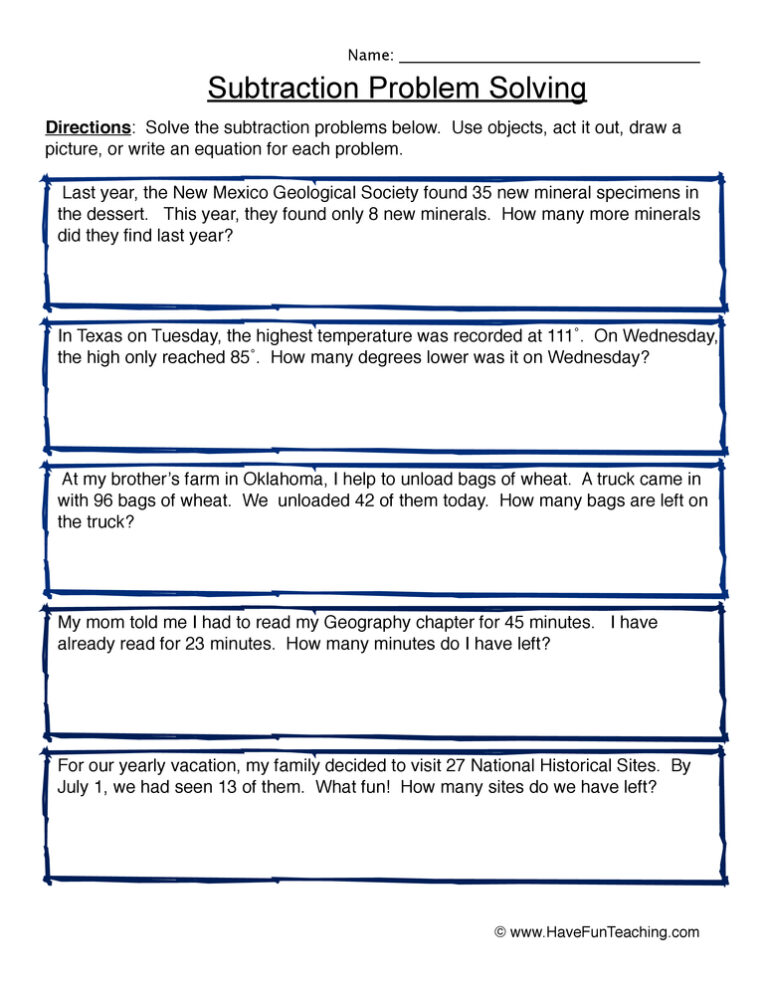 Subtraction Word Problem Solving Worksheet - Have Fun Teaching