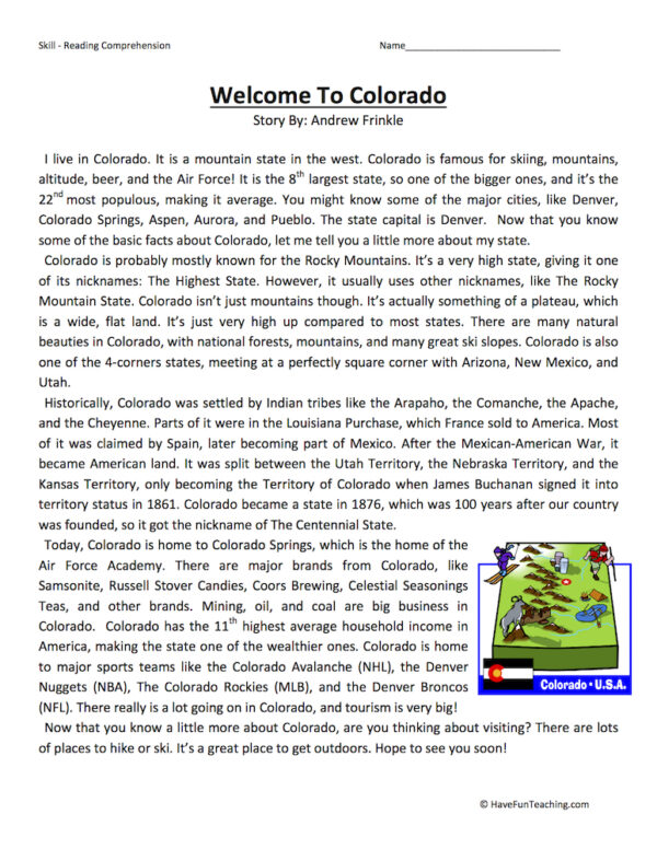 Welcome to Colorado Reading Comprehension Worksheet - Have Fun Teaching