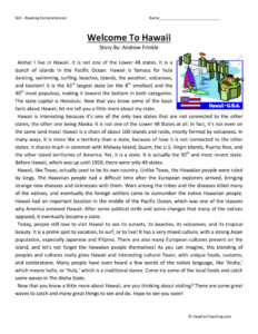 Welcome to Hawaii Reading Comprehension Worksheet - Have Fun Teaching