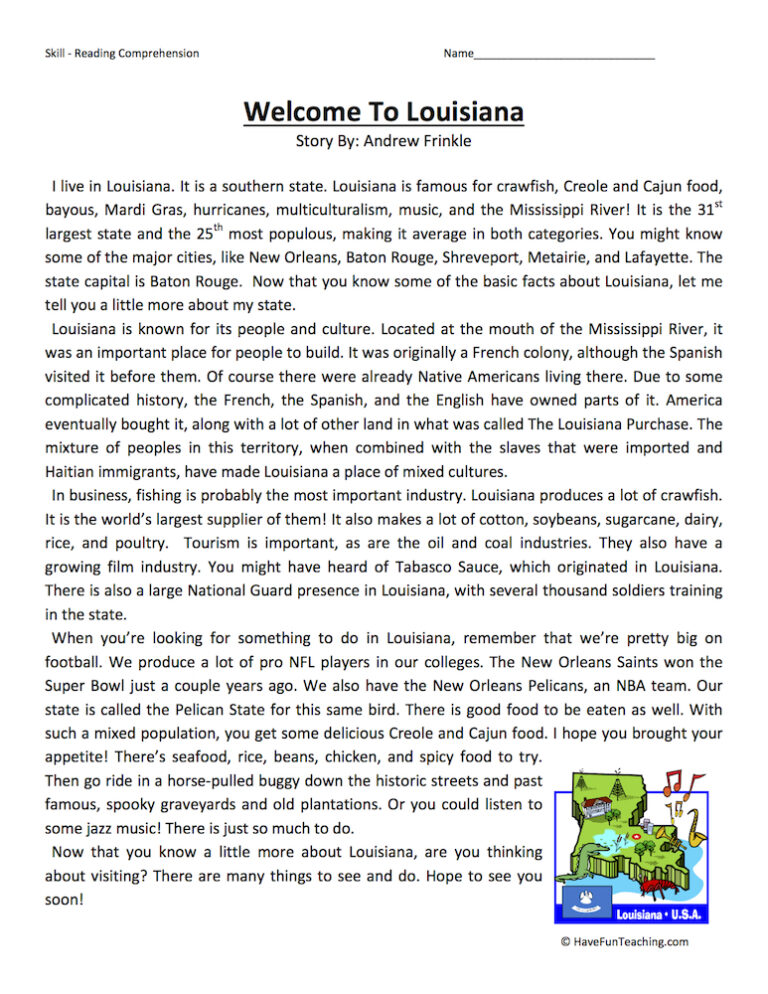 Welcome to Louisiana Reading Comprehension Worksheet - Have Fun Teaching